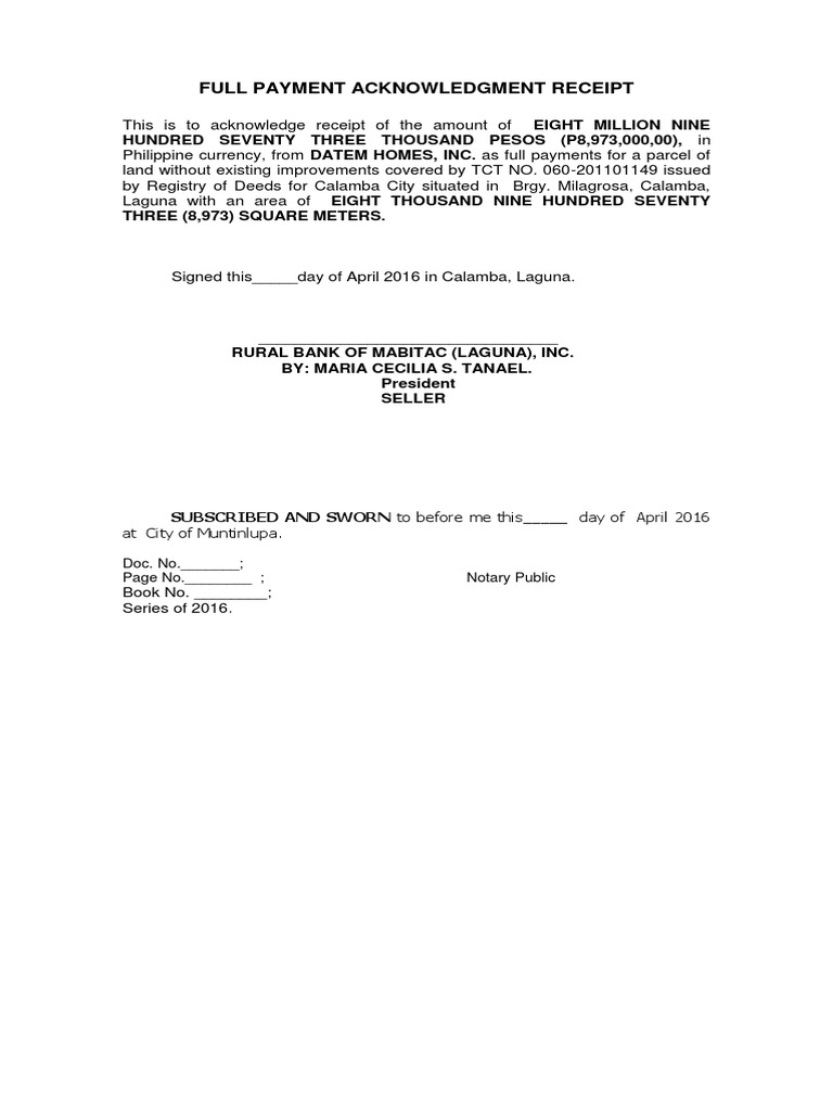 Full Payment Acknowledgment Receipt: Hundred Seventy Three Thousand ...