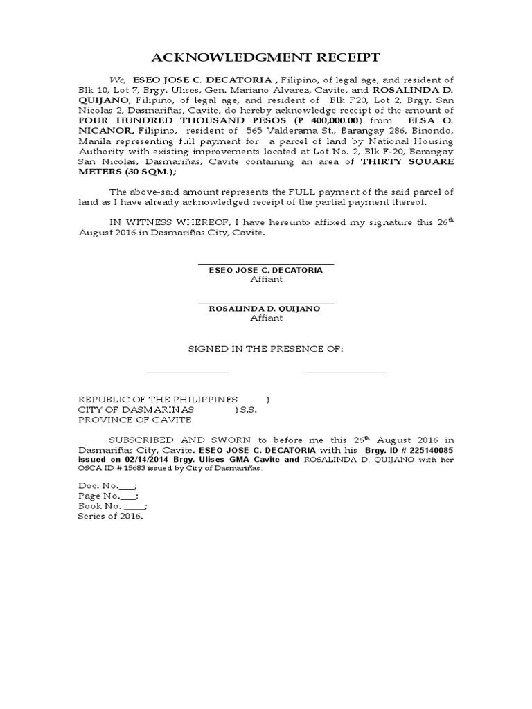 Acknowledgment Receipt PDF Business