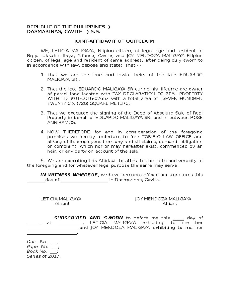 Affidavit of Quitclaim TORIBIO | PDF | Law