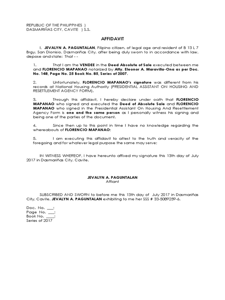 Affidavit of Same Signature 2 | PDF