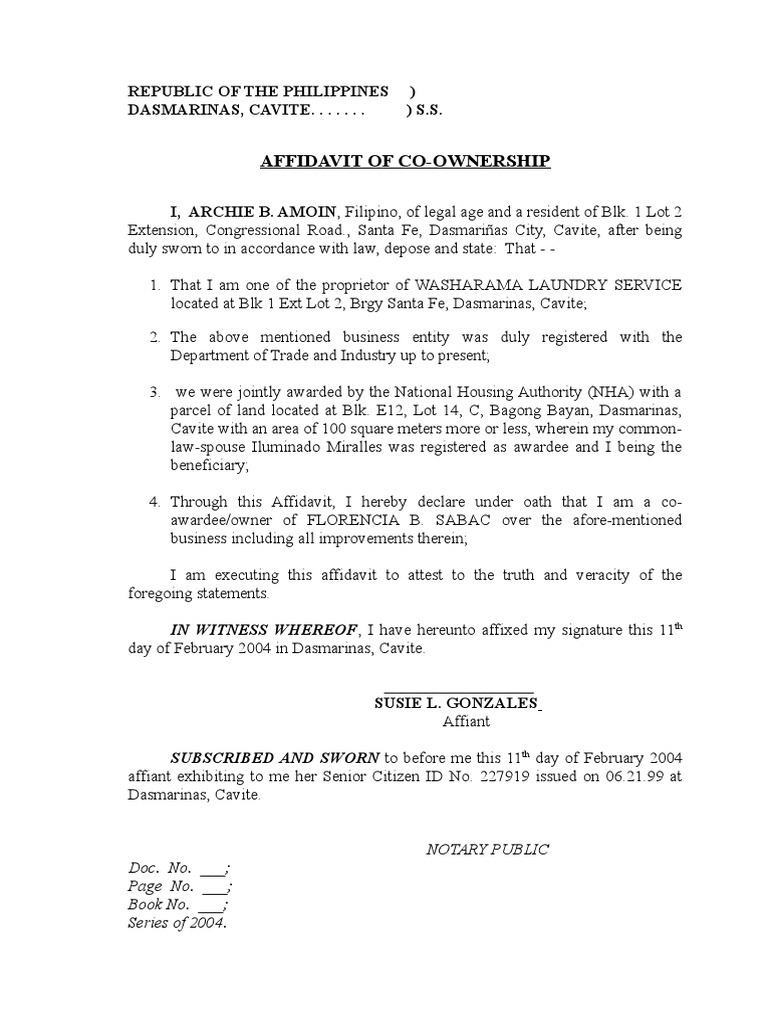 Affidavit Declaring Co-Ownership of Business and Property | PDF