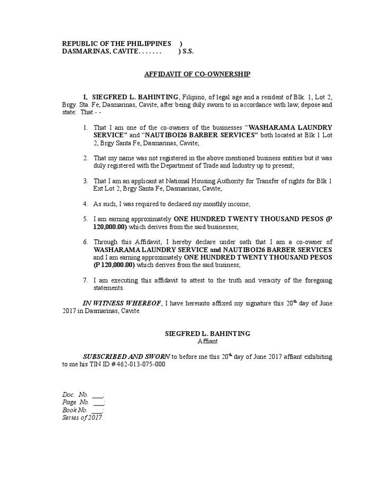 Affidavit of Co-Ownership in Cavite | PDF | Law