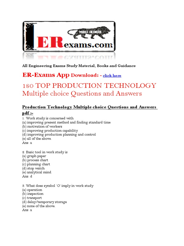 180 TOP PRODUCTION TECHNOLOGY Multiple Choice Questions and Answers ...