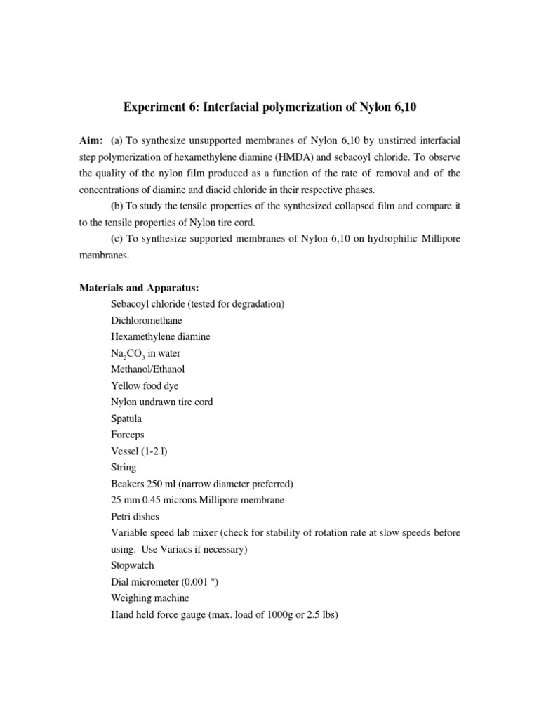 Interfacial Polymerization of Nylon 6 10 PDF | PDF | Polymerization ...