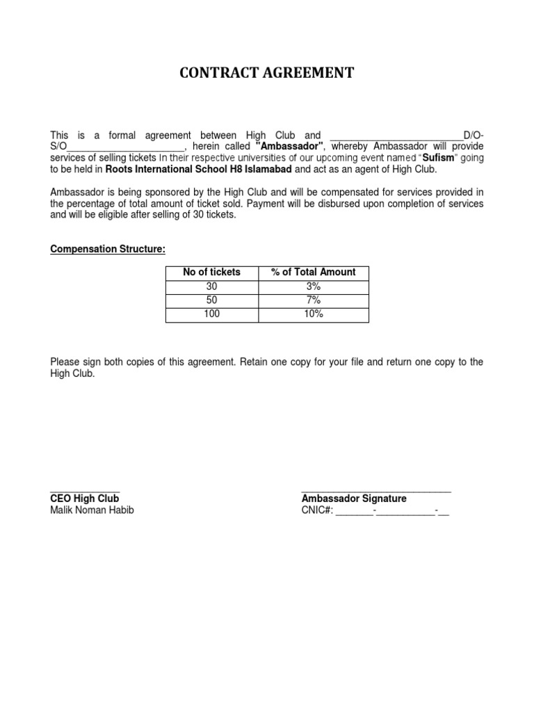 Contract Agreement: Compensation Structure: No of Tickets % of Total ...