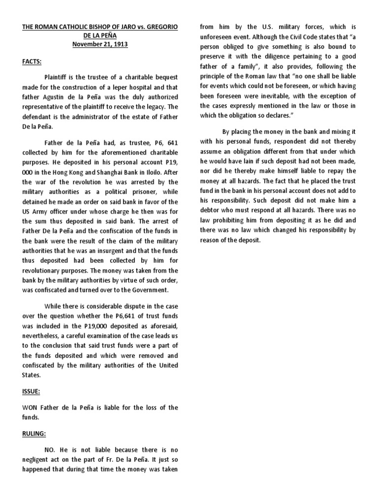 THE ROMAN CATHOLIC BISHOP OF JARO vs. GREGORIO DE LA PEÑA | PDF ...