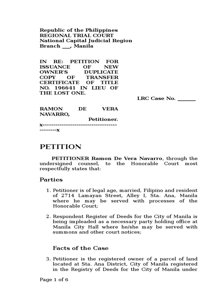 Petition For Issuance of New Owner's Duplicate Copy of Title - in Re ...
