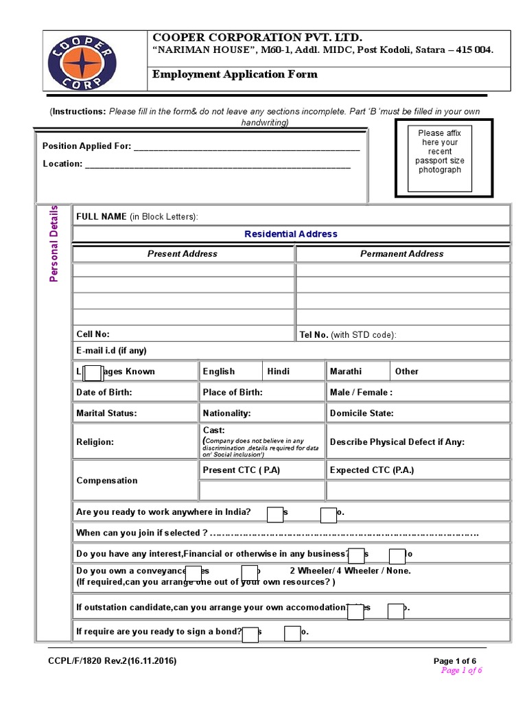 Cooper Corporation Pvt. Ltd. Employment Application Form | Download ...