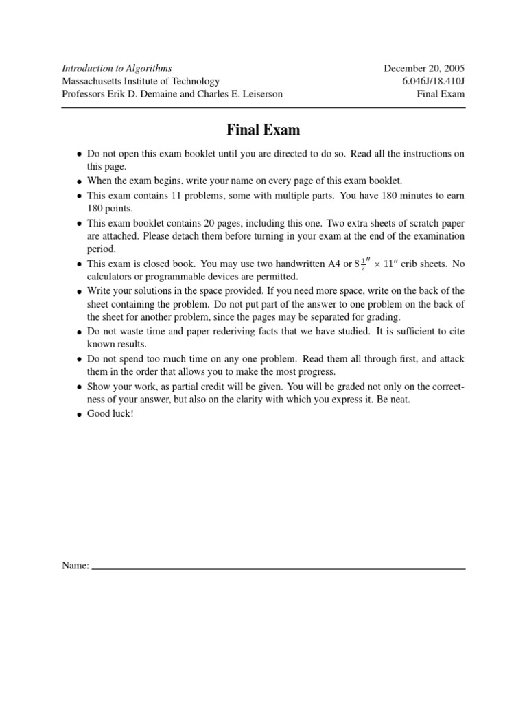 Final Exam: Introduction To Algorithms | PDF | Time Complexity ... Final Exam: Introduction To Algorithms | PDF | Time Complexity ...