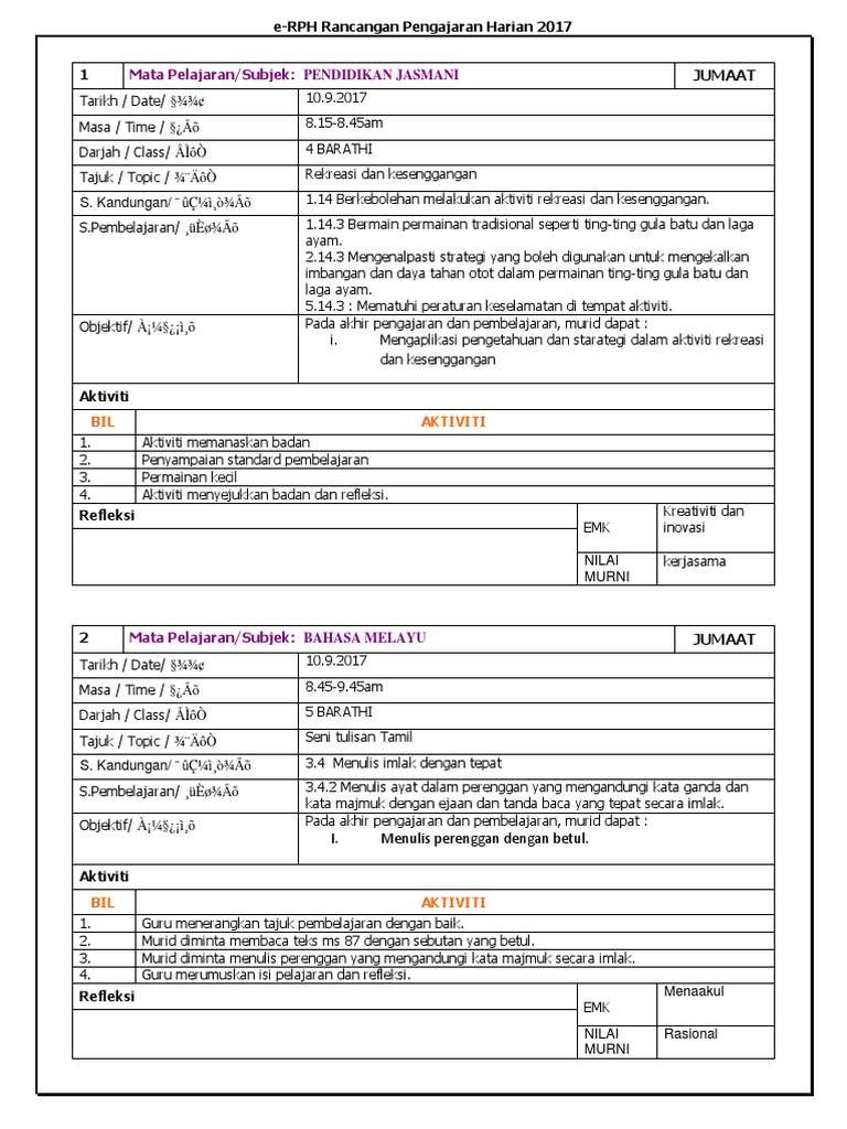 Contoh RPH PJ THN 4 Dan BM THN 5 (SJK) | PDF