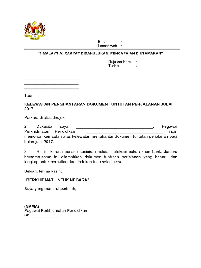 Contoh Surat Lewat Hantar Claim Perjalanan | PDF