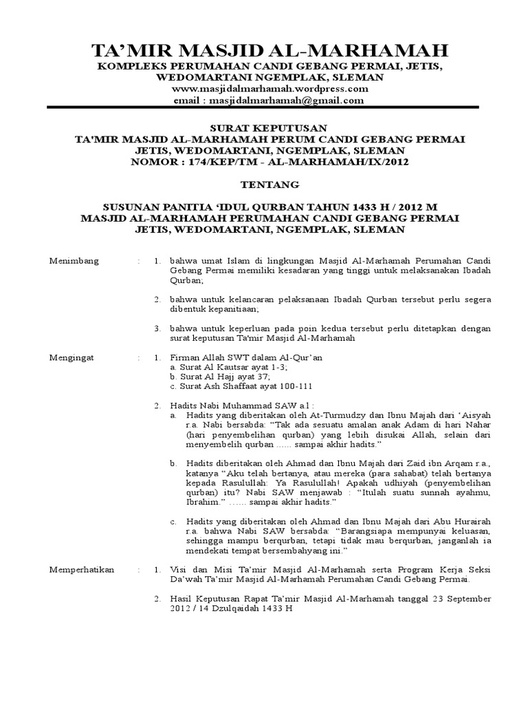 SK Panitia Idul Qurban 1433 H | PDF