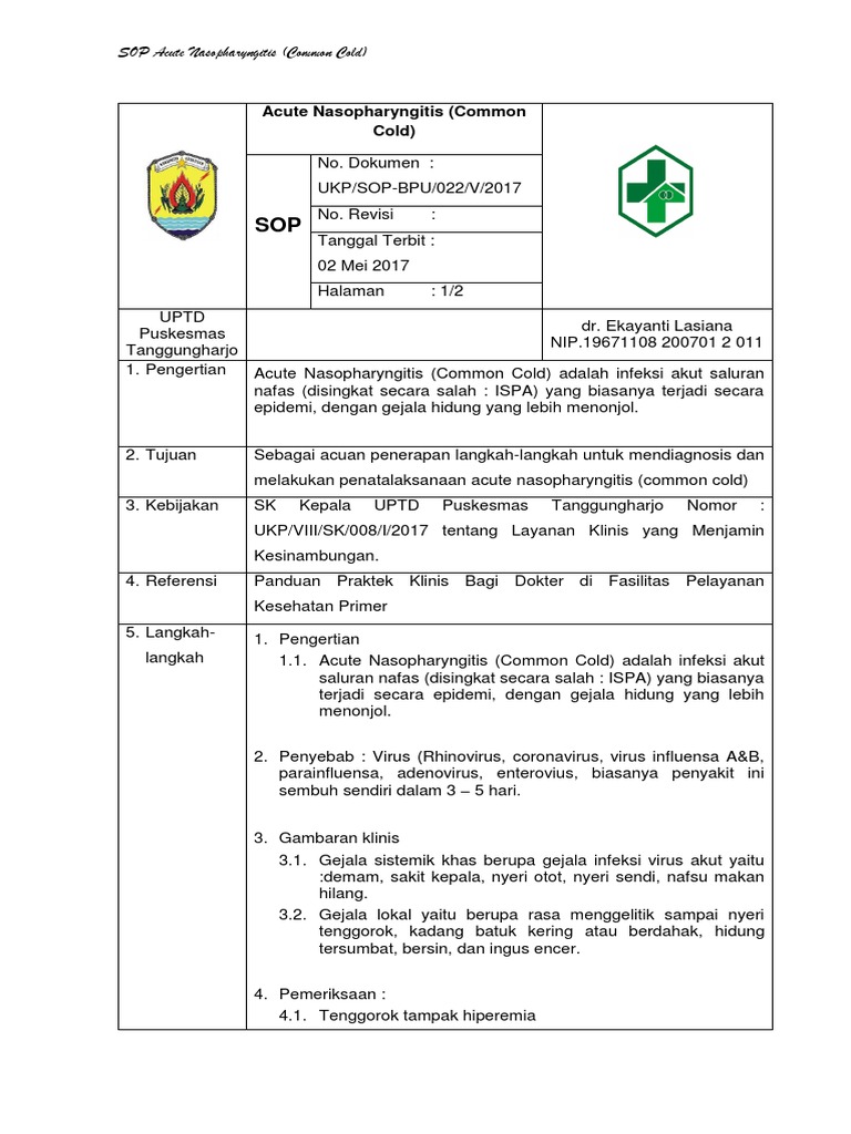 SOP Acute Nasopharyngitis (Common Cold) | PDF