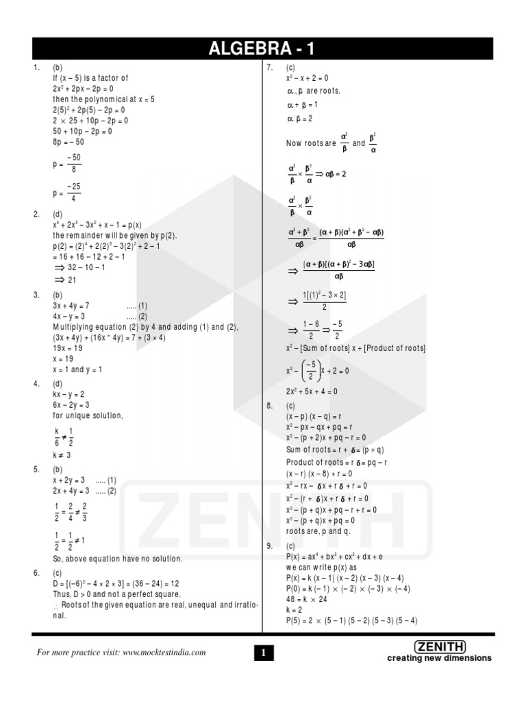 Algebra 1 (Solutions) | PDF | Polynomial | Equations