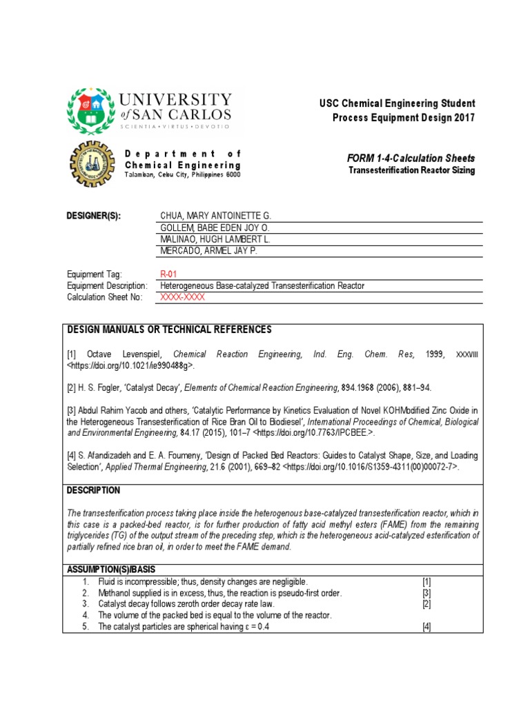 Reactor Sizing (Calculation Sheet) | PDF | Chemical Reactor | Catalysis