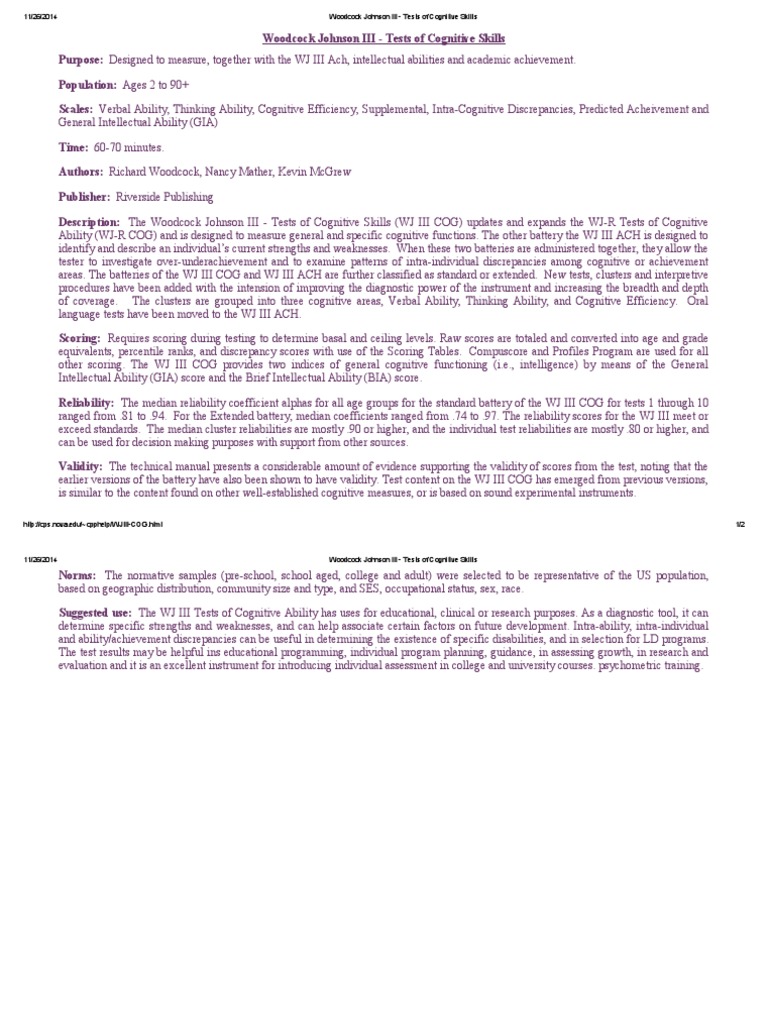 Woodcock Johnson III - Tests of Cognitive Skills | PDF | Validity ...