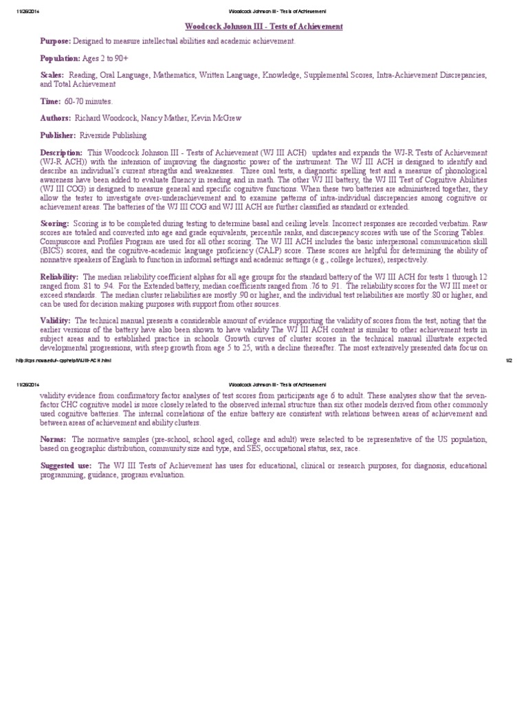 Woodcock Johnson III Achievement Tests | PDF | Validity (Statistics ...