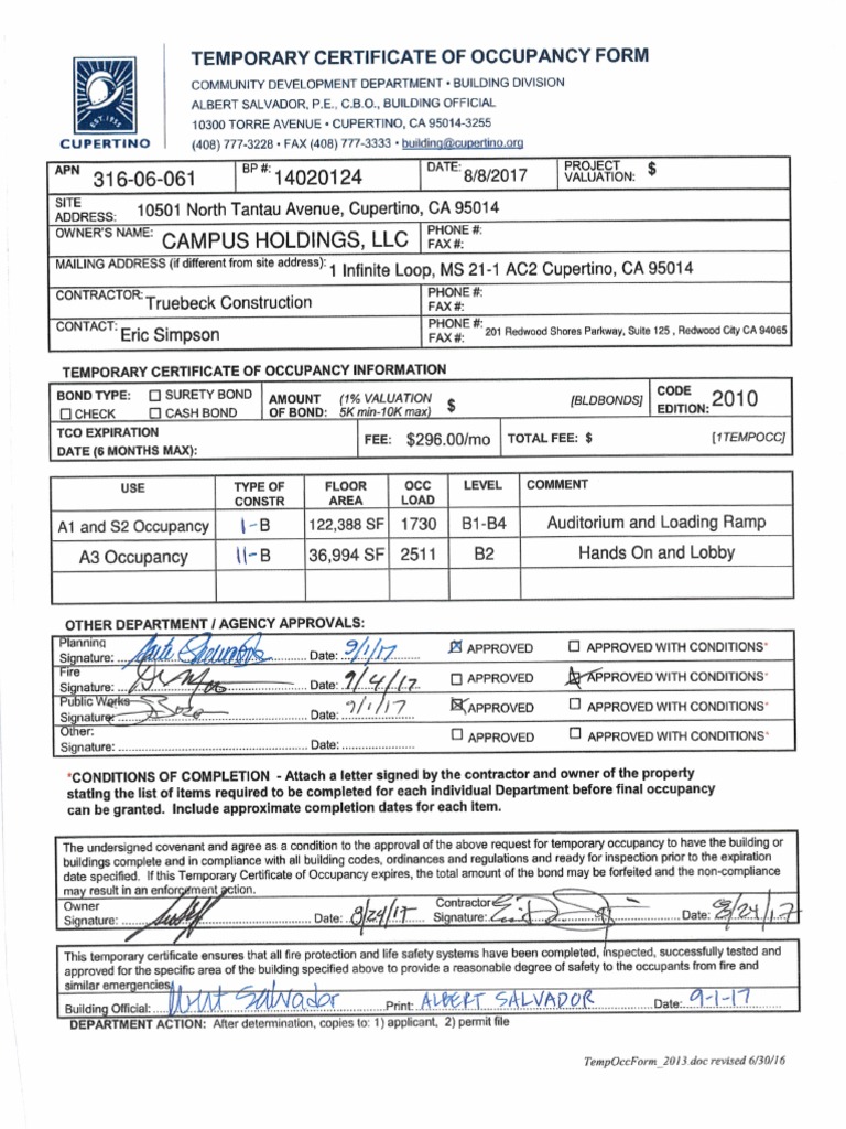 Temporary Occupancy Permit Steve Jobs Theater