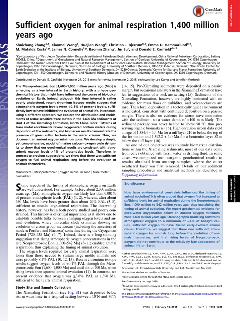Sufficient Oxygen For Animal Respiration 1,400 Million Years Ago | PDF ...
