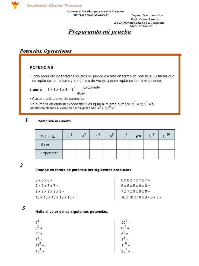 Potencia S Guia 7º | PDF | Exponenciación | Multiplicación
