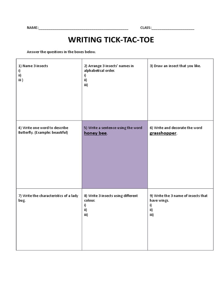 Insect Identification and Descriptions: A Tick-Tac-Toe Writing Activity ...