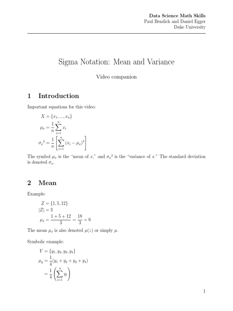 Sigma Notation: Mean and Variance: Video Companion | PDF | Standard ...