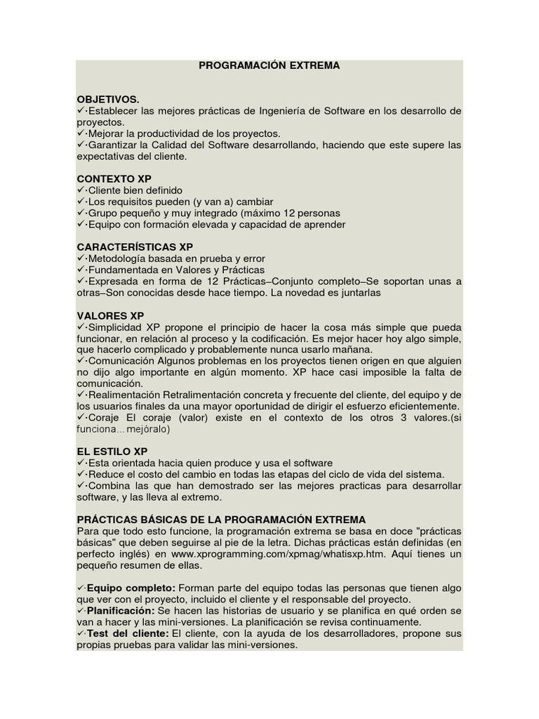 Caracteristicas Programación Extrema | PDF | Software | Programación de computadoras