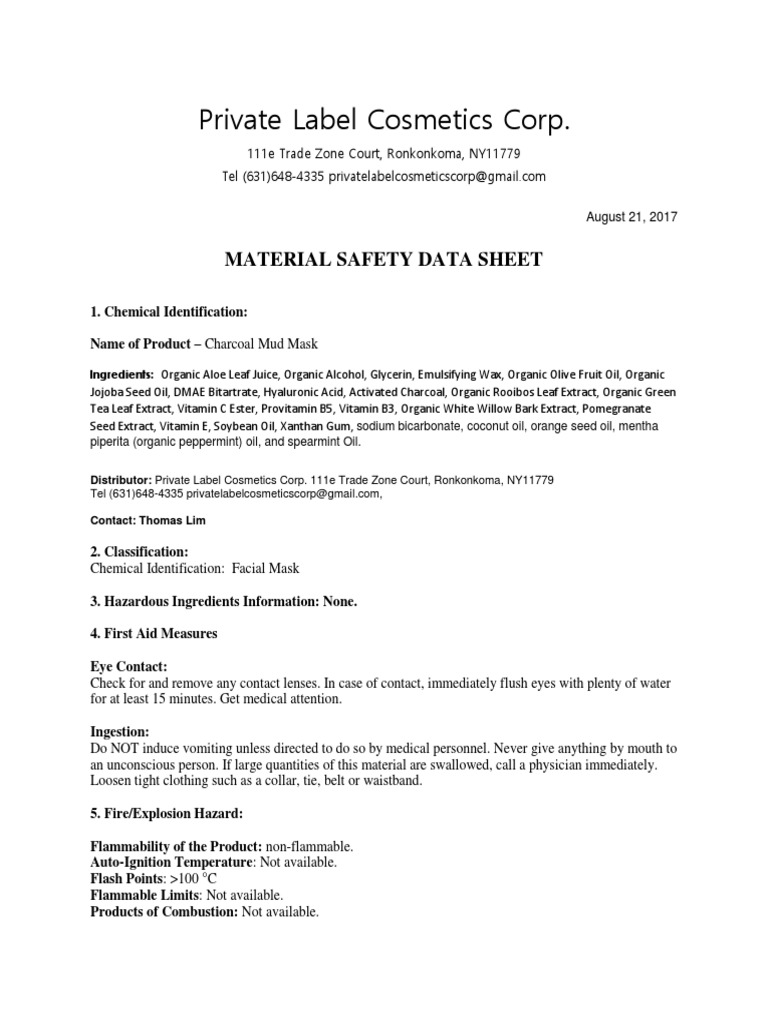 Charcoal Mud Mask MSDS Summary | PDF | Toxicity | Personal Protective ...