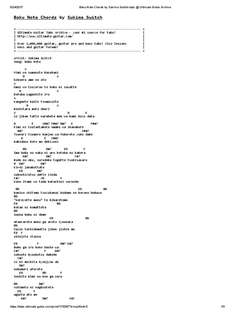 Boku Note Chords by Sukima Switch Tabs | PDF | Guitars | Hypertext