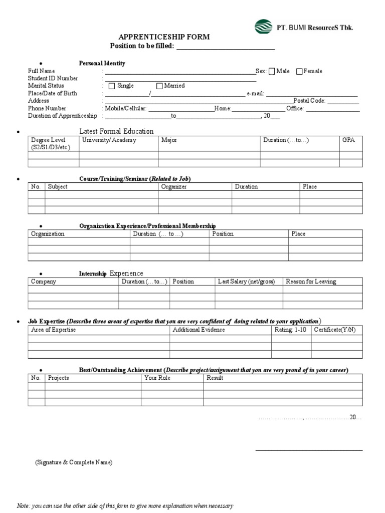 Apprenticeship Application Form: Personal Details, Education History ...