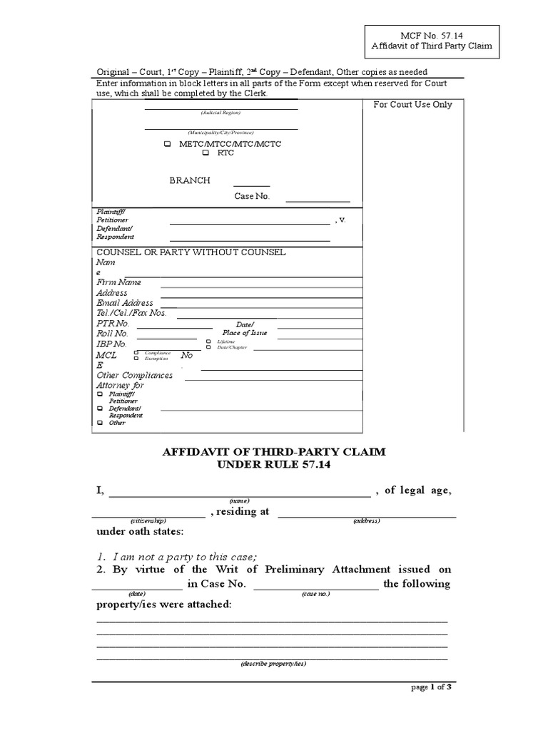 MCF 57.14 Affidavit of Third Party Claim | Damages | Affidavit