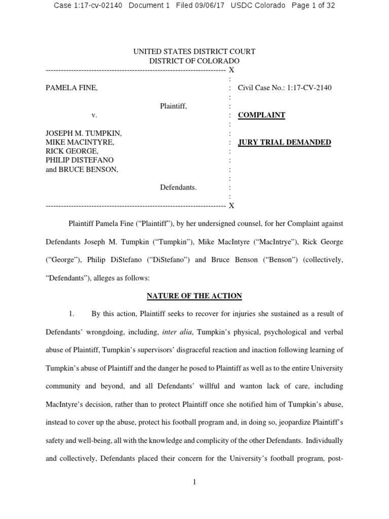 Pamela Fine v. Joseph Tumpkin, Et. Al. | PDF | Restraining Order | Title Ix