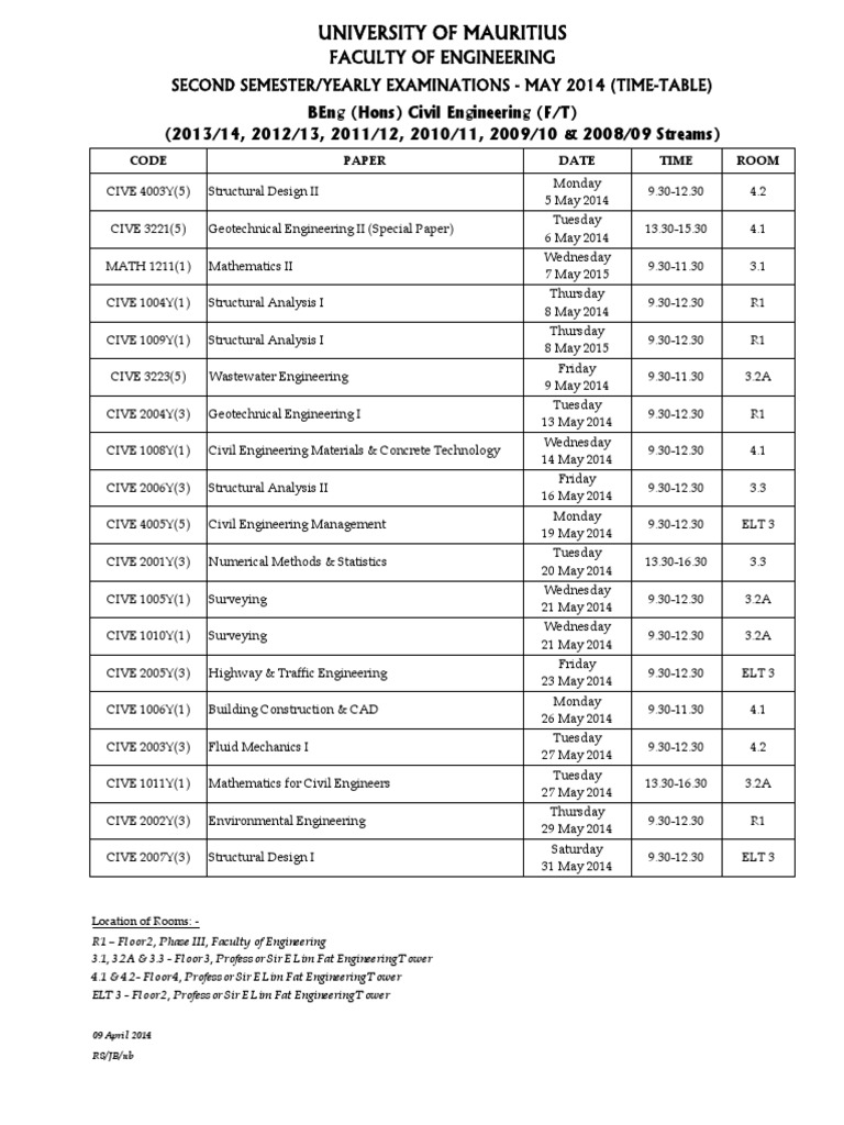 Beng H Civil Engineering Timetable Pdf Civil Engineering