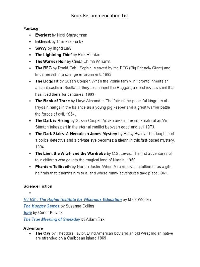Book Recommendation List | PDF | Children's Literature