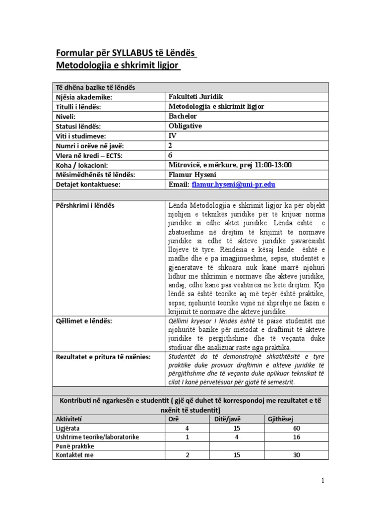 Syllabusi-Metodologjia e Shkrimit Ligjor, 2016-17 | PDF