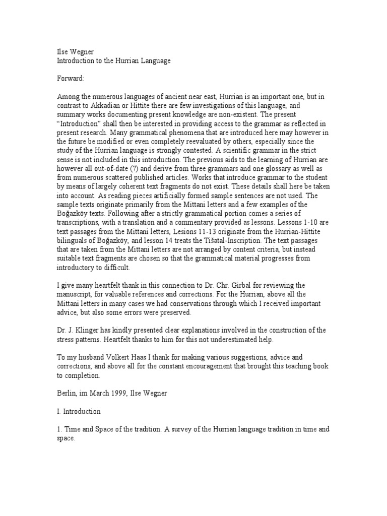 Wegner I. Introduction To The Hurrian Language - 2000 PDF | PDF ...