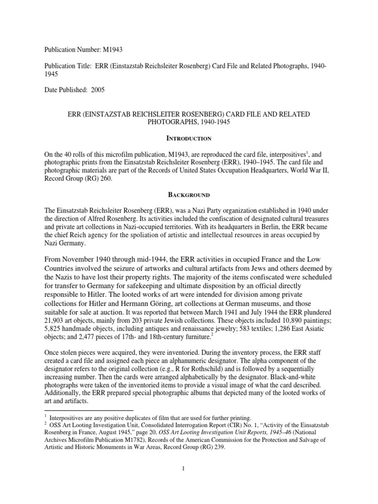 Einsatzstab Reichsleiter Rosenberg Card File & Related Imagery, 1940-45 ...