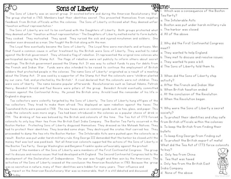 Sons of Liberty Differentiated Reading Passages Questions 1 | PDF ...