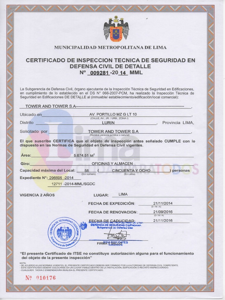 15 10 21 Certificado de Inspeccion Tecnica de Seguridad en Defensa Civil de Detalle | PDF ...