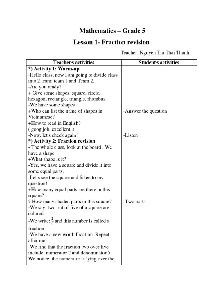 Mathematics - Grade 5 Lesson 1-Fraction Revision: Teacher S Activities ...