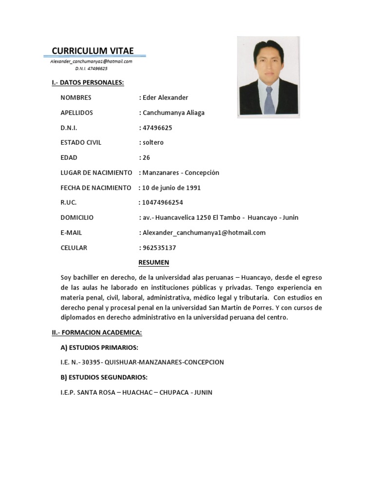 Canchumanya Aliaga Eder CV | PDF | Perú | Ley procesal