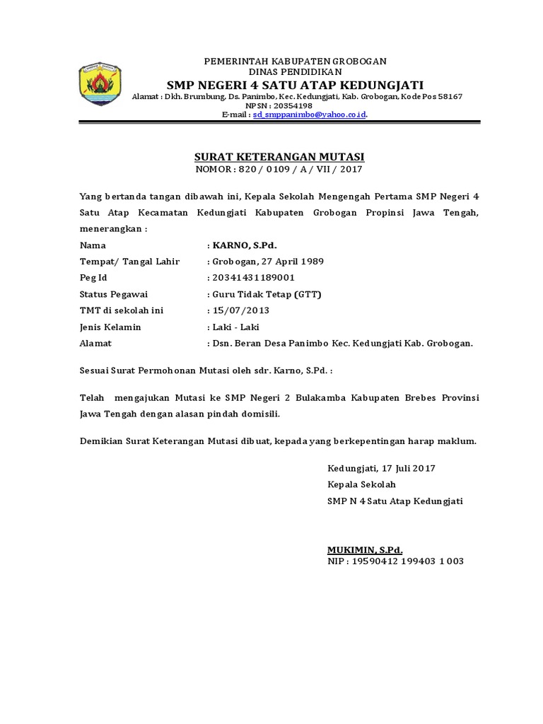 Surat Keterangan Mutasi | PDF