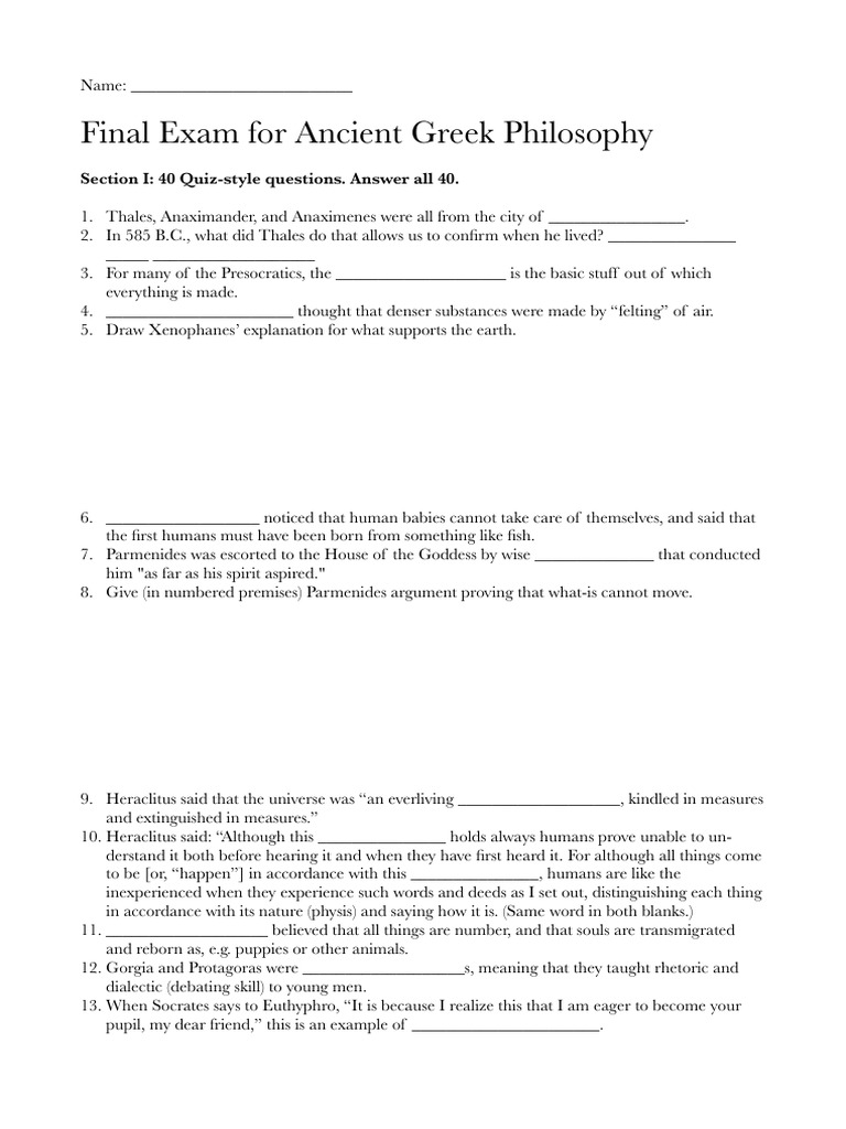Ancient Greek Philosophy Exam Guide | PDF | Socrates | Ancient Greek ...