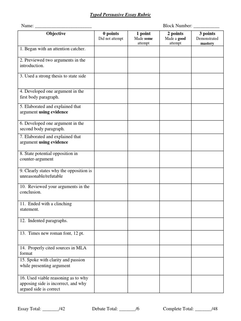 Typed Persuasive Essay Rubric | PDF | Career & Growth