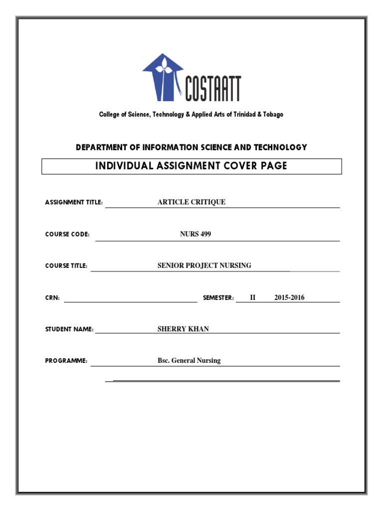 Individual Assignment Cover Page: Department of Information Science and ...