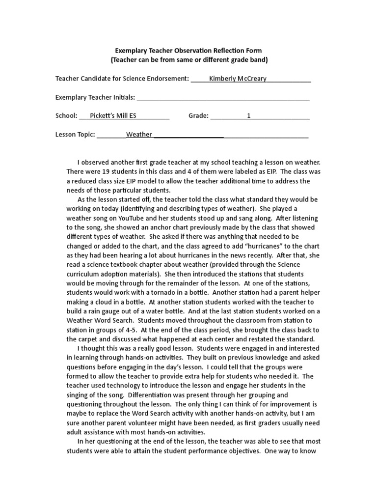 Exemplary Teacher Observation Reflection Form Used by Endorsement ...