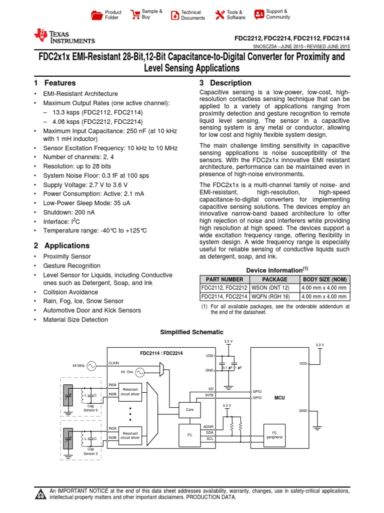 FDC2214 Datasheet | PDF | Electrostatic Discharge | Capacitor