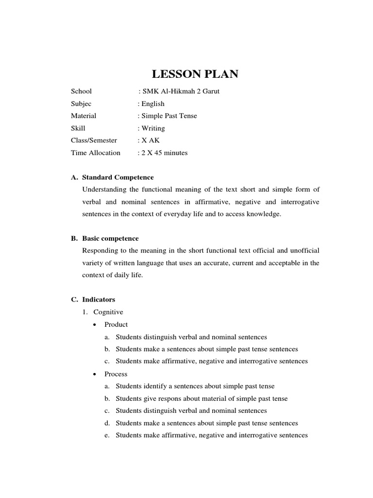 Simple Past Tense Lesson Plan | PDF | Lesson Plan | Grammatical Tense
