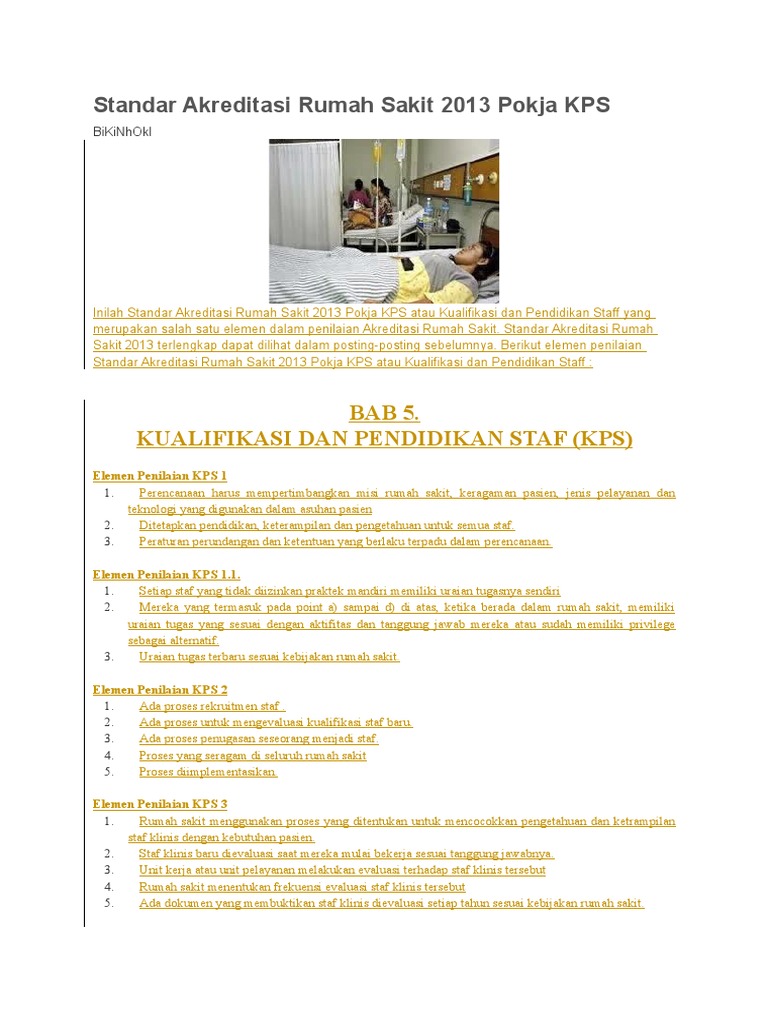 Standar Akreditasi Rumah Sakit 2013 Pokja KPS | PDF