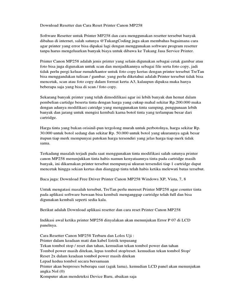 Cara Reset Printer Canon 258 Dan Kode Eror | PDF